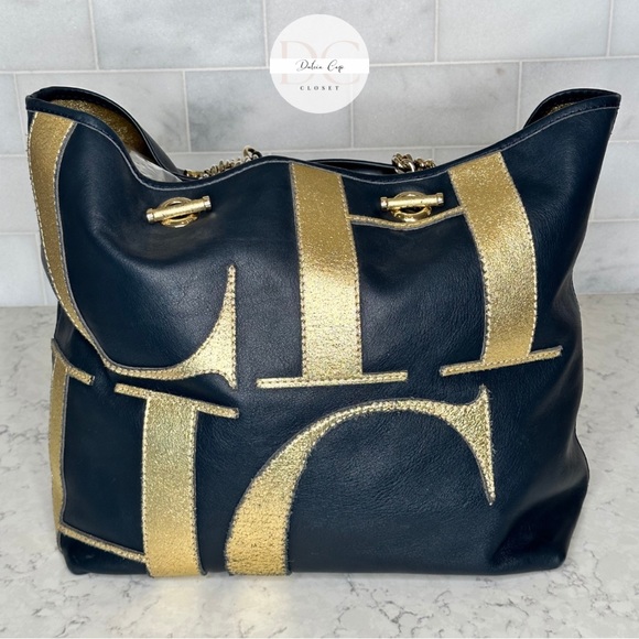 Carolina Herrera | Bags | Carolina Herrera Ch Logo Slate And Gold Tote ...